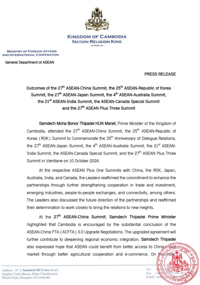 Outcomes of the 27th ASEAN-China Summit, the 25th ASEAN-Republic of ...